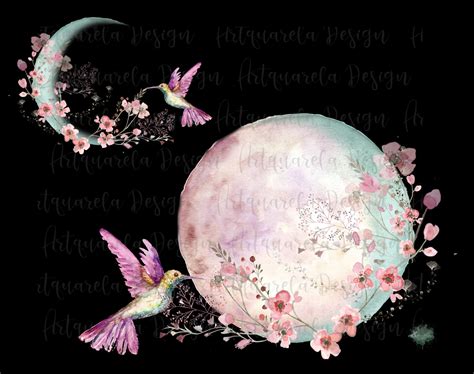 Floral Moon With A Hummingbird Clipart Watercolor Moon Cherry Etsy