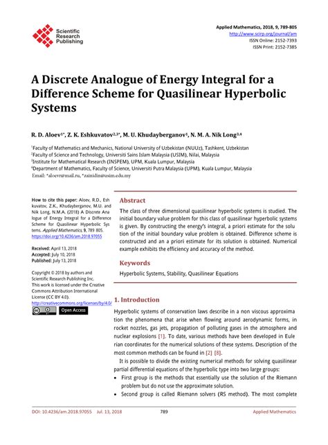 Pdf A Discrete Analogue Of Energy Integral For A Difference Scheme For Quasilinear Hyperbolic