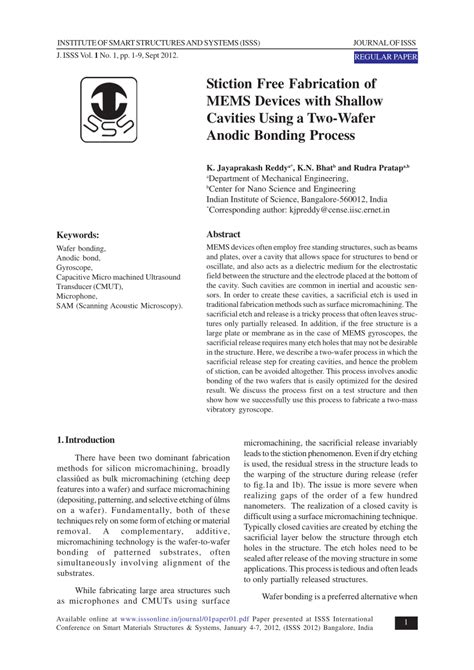 Pdf Stiction Free Fabrication Of Mems Devices With Shallow Cavities Using Two Wafer Anodic