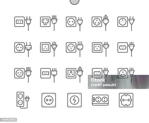 전기 소켓의 종류 Ac 전원 플러그 전기 콘센트 및 전원 소켓 전기 스트립 픽셀 완벽한 벡터 얇은 선 아이콘 간단한 최소 픽토그램 아이콘에 대한 스톡 벡터 아트 및 기타
