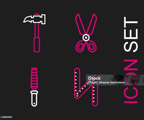 세트 라인 접는 눈금자 나무용 끌 도구 가위 및 발톱 망치 아이콘 벡터 가위에 대한 스톡 벡터 아트 및 기타 이미지 가위 갈고리 발톱 강철 Istock