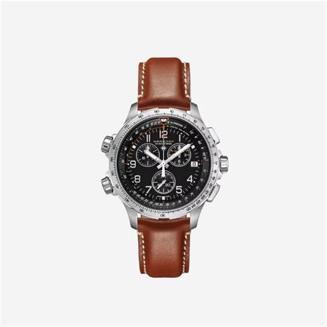 해밀턴 카키 에비에이션 엑스윈드 Gmt 크로노 쿼츠 46mm 스테인리스 스틸 카우 레더 블랙 Hamilton Kream