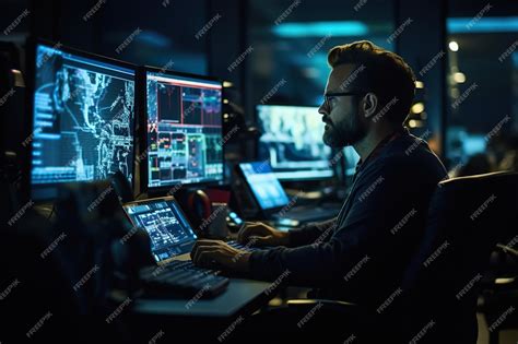 Premium Photo A Cybersecurity Expert Monitoring The Displays Sitting