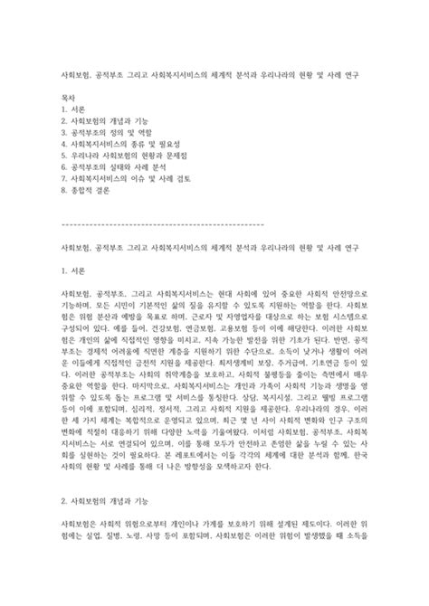 사회보험 공적부조 그리고 사회복지서비스의 체계적 분석과 우리나라의 현황 및 사례 연구 사회과학