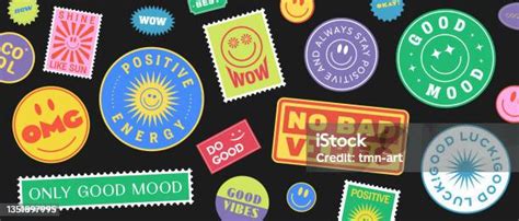 멋진 트렌디 패치 벡터 디자인 스티커가 있는 추상적인 배경 좋은 분위기 긍정적 인 에너지와 행운의 배지 스티커에 대한 스톡 벡터