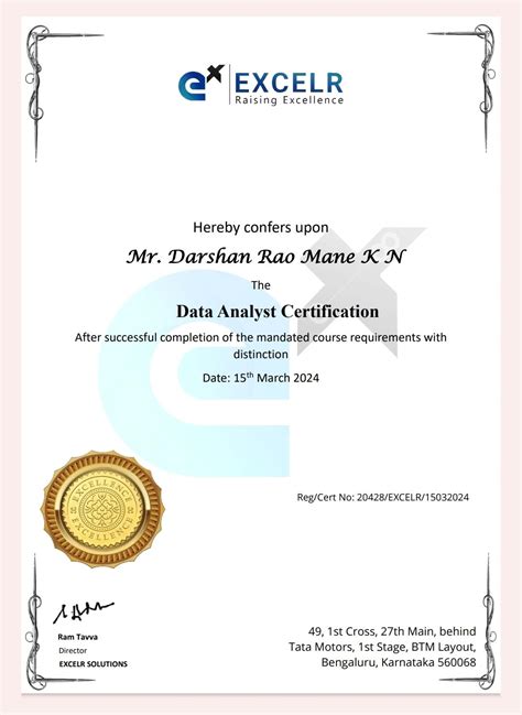 🎉 Completed Data Analyst Course Certification By Excelr Darshan Rao Mane K N Posted On The