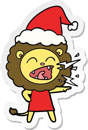 산타 모자를 쓰고 포효하는 사자 소녀의 손으로 그린 스티커 만화 귀여운에 대한 스톡 벡터 아트 및 기타 이미지 귀여운 낙서 드로잉 데칼 Istock