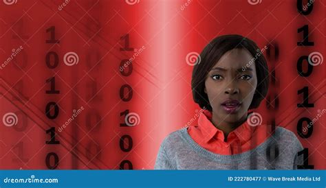 Binary Coding Data Processing Over Portrait Of Businesswoman Against Red Technology Background