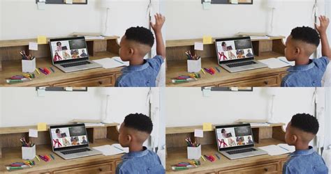 小学生在家中使用笔记本电脑进行在线课程，屏幕上有不同的老师和班级 视频素材下载 编号 17477102 光厂 Vj师网