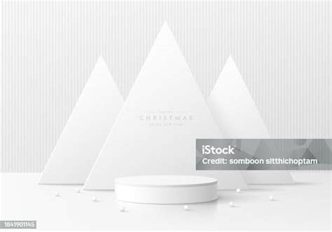 삼각형 모양의 흰색 크리스마스 트리가 있는 3d 흰색 실린더 받침대 연단 배경입니다 모형 제품 전시 프리젠 테이션 추상적인 최소한의 장면입니다 무대 쇼케이스 플랫폼 벡터