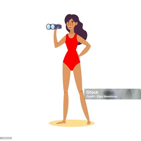 빨간 수영복을 입은 귀여운 인명 구조원 소녀가 먼 곳을 바라보는 쌍안경을 들고 서 있습니다 평면 만화 스타일의 벡터 일러스트레이션입니다 쌍안경에 대한 스톡 벡터 아트 및