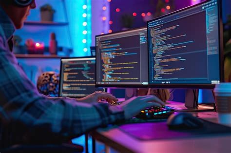 Premium Photo Neon Coding Symphony Hands Of It Developer Typing Code On Home Office Screens