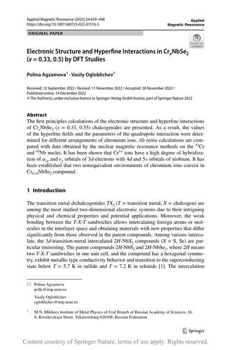 Electronic Structure And Hyperfine Interactions In Cr X Nbse 2 X 0 33 0 5 By Dft
