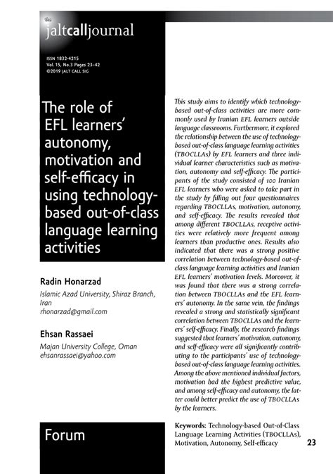 Pdf The Role Of Efl Learners Autonomy Motivation And Self Efficacy In Using Technology Based
