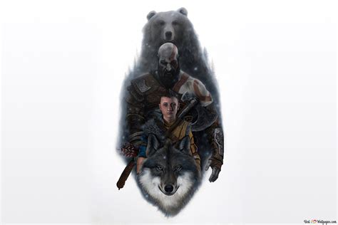 God Of War Ragnarok Atreus Kratos And Bear 4k Wallpaper Download