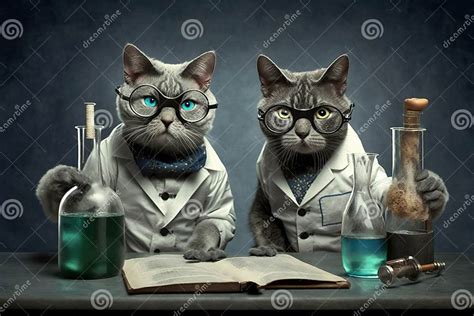Cats Dressed As Crazy Scientists Experiment Created With Generative Ai Technology Stock
