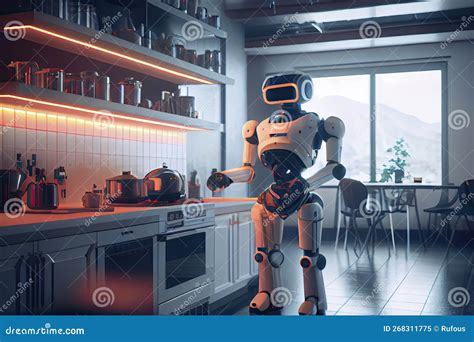 Robot Chef Cooking In Kitchen Of Future Home Genius Smart Robot Working In Modern House Stock