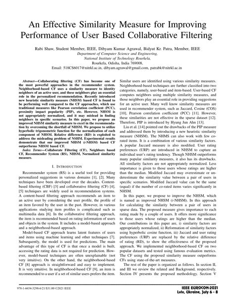 Pdf An Effective Similarity Measure For Improving Performance Of User Based Collaborative