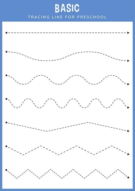 유치원 교육용 인쇄 가능한 워크을 위한 기본 라인 트레이싱 라인 프리미엄 벡터