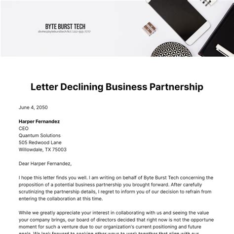 Free Letter Declining Business Partnership Template To Edit Online