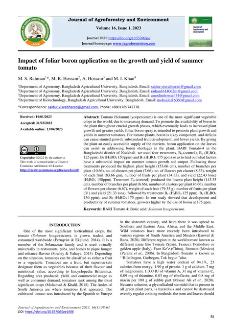 Pdf Impact Of Foliar Boron Application On The Growth And Yield Of Summer Tomato