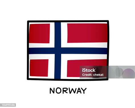 노르웨이 국기 노르웨이 플래그 다채로운 로고 프리핸드 레드 화이트 블루 브러시 스트로크 검은 색 윤곽선 벡터 일러스트레이션 0