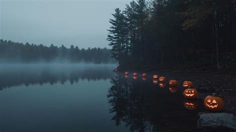 A Spooky Fogcovered Lake Reflects The Glow Of Jackolanterns Placed