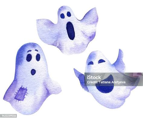 유령의 수채화 일러스트레이션 귀여운 만화 유령 세트 흰색 배경에 할로윈 테마 스케치 10월에 대한 스톡 벡터 아트 및 기타 이미지 10월 가을 검은색 Istock