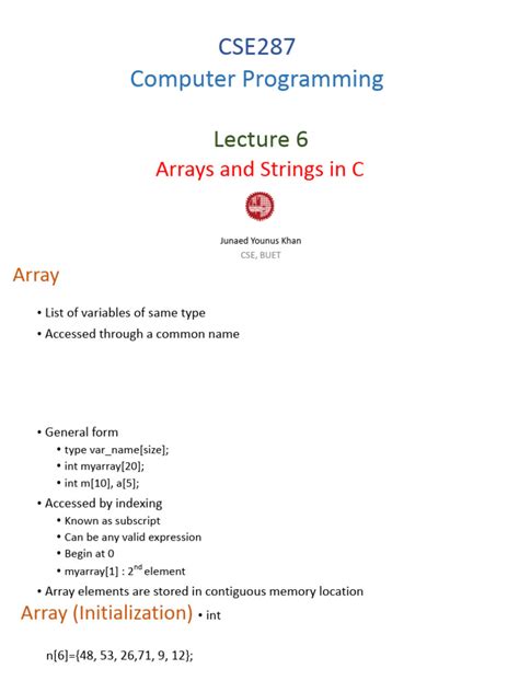 Lecture 06 Arrays And Strings In C Pdf