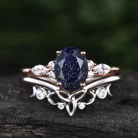 Oval Blue Sandstone Engagement Ring Set 14k Rose Gold Galaxy Etsy Uk