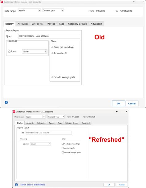 New Customized Reports Dialog Quicken