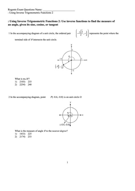 Using Inverse Trigonometric Functions Worksheet Template Printable Pdf