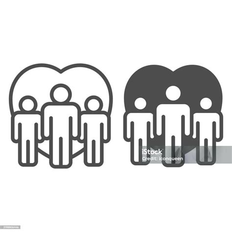 사람들은 하트 라인과 견고한 아이콘 팀워크 개념으로 붐빕니다 벡터 그래픽 흰색 배경에 인간 그룹 및 하트 모양 기호 모바일 또는 웹 디자인용 윤곽선 스타일 아이콘 검은색에