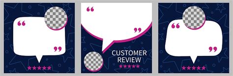 진한 파란색 배경에 고객 피드백 평가 또는 리뷰 인용문을 위한 말풍선이 있는 세 가지 템플릿 세트입니다 따옴표가 있는 빈 말풍선