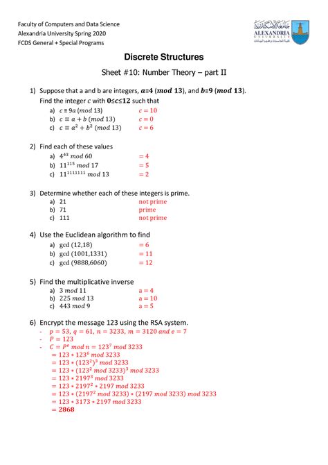 Discrete Sheet 10 Number Theory Part Ii Ab Faculty Of
