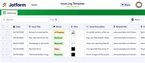 Issue Log Template Jotform Tables
