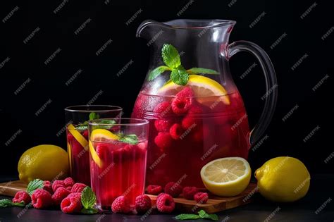 Raspberry Lemonade In A Glass Pitcher With Sliced Lemons Premium Ai