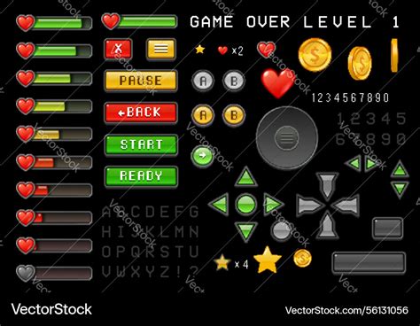 8bit Pixel Art Game Interface Buttons Loading Bar Vector Image
