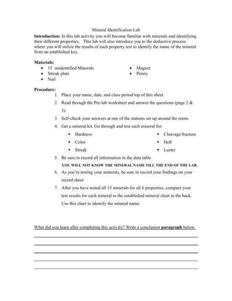 Mineral Identification Lab Worksheet