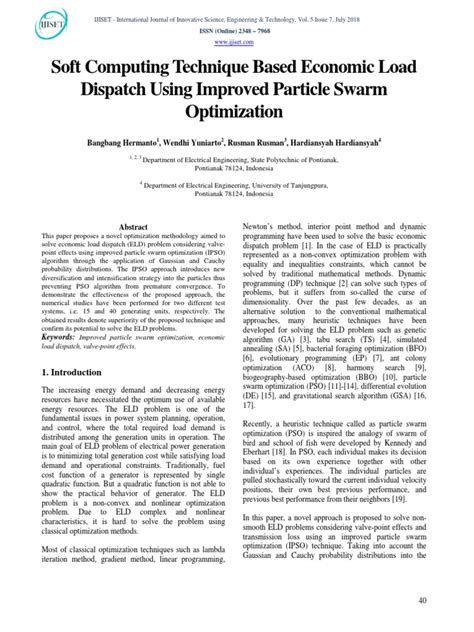 Soft Computing Technique Based Economic Load Dispatch Using Improved Particle Swarm Optimization