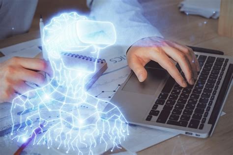 Premium Photo Ar Hologram With Man Working On Computer On Background Augmented Reality Concept