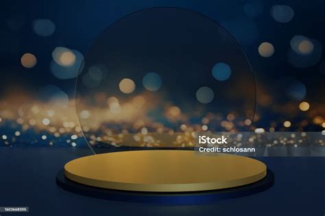 파란색과 금색 보케와 유리 원이 있는 진한 파란색과 황금색 금속 연단의 3d 렌더링 배경 주제에 대한 스톡 사진 및 기타 이미지 배경 주제 3차원 형태 진청색
