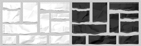 투명한 배경에서 분리된 찢어진 종이 스트립 찢어진 가장자리가있는 현실적인 구겨진 종이 스크랩 스티커 노트 노트북 페이지의 조각