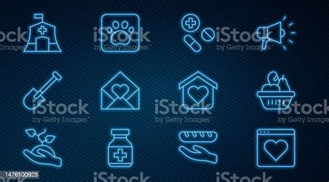 온라인 데이트 앱 설정 기부 식품 상자 약 또는 태블릿 발렌타인 데이 하트가 든 봉투 삽 응급 의료 텐트 노숙자를 위한 쉼터 및 발 인쇄 아이콘 벡터 개에 대한 스톡 벡터