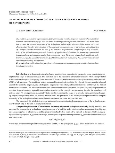 Pdf Analytical Representation Of The Complex Frequency Response Of A Hydrophone