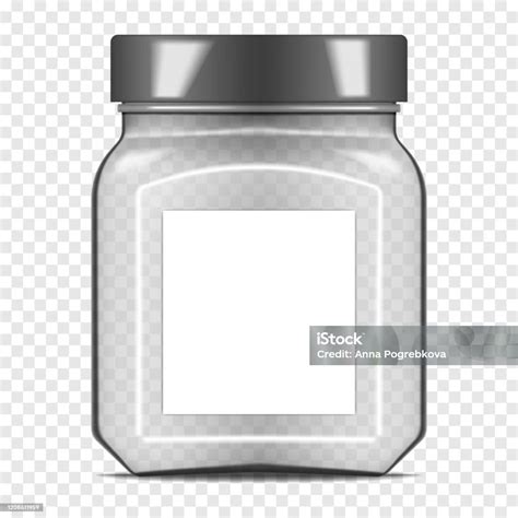 투명 배경에 나사 뚜껑과 빈 흰색 레이블이있는 사각형 투명 유리 항아리 패키지 디자인을위한 사실적인 벡터 모형 3차원 형태에 대한 스톡 벡터 아트 및 기타 이미지 Istock