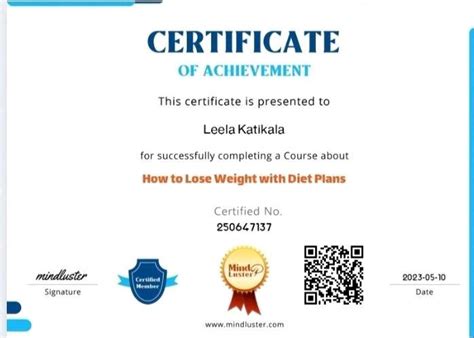 My Certificate From Mindluster On Weight Loss And Diet Plans Leela Katikala Posted On The