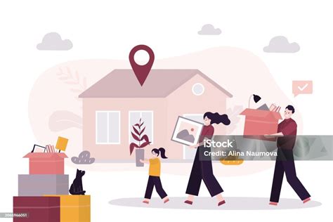부모와 아이는 새 아파트로 상자와 가구를 운반합니다 이사하고 재배치하고 주인은 식물과 물건을 운반합니다 행복한 가족은 새로운