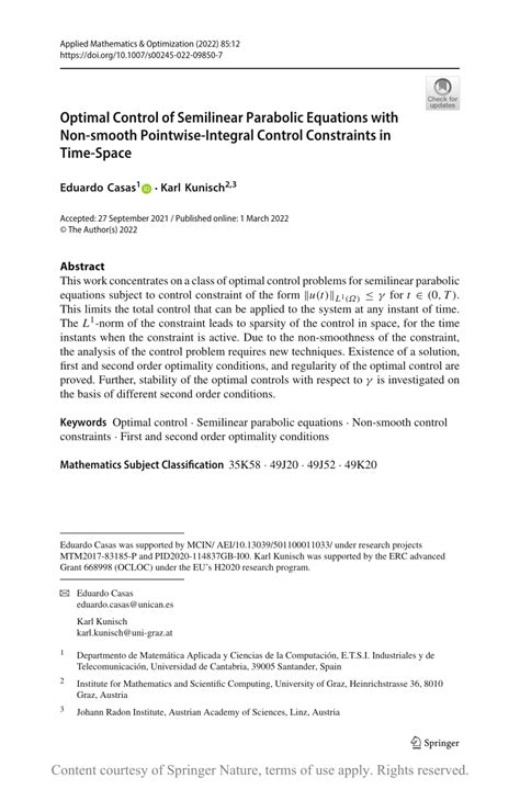 Pdf Optimal Control Of Semilinear Parabolic Equations With Non Smooth Pointwise Integral