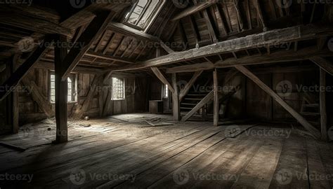 Spooky Attic With Old Fashioned Hardwood Flooring And Broken Roof Beam Generated By AI 26446225